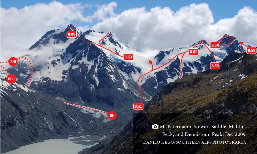 Sealy Pass, Mt Petermann, Stewart Saddle, Malthus and Dennistoun Peaks ...